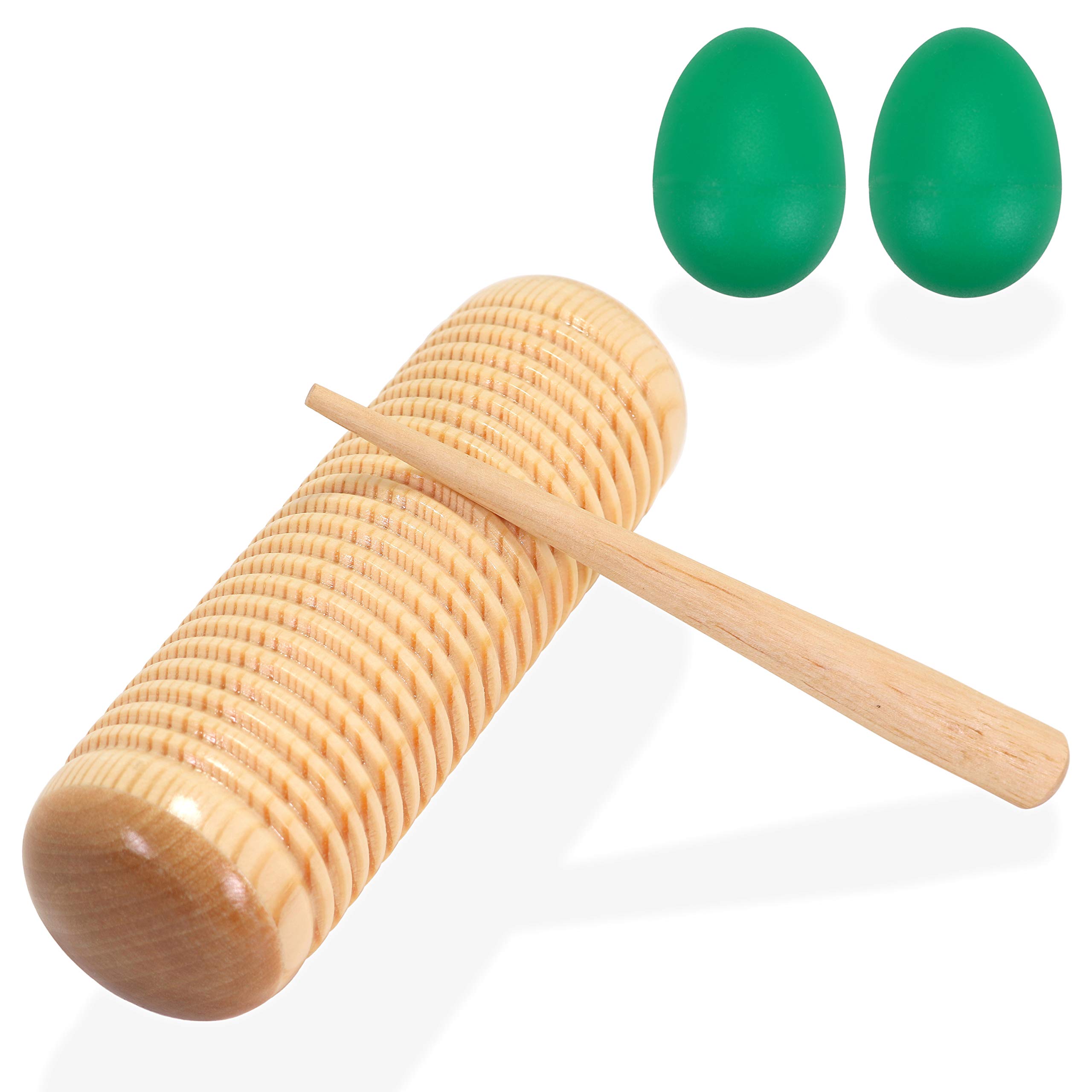 SPLENDIDMODE Guiro Wood Percussion Instrument - Pine Training Musical Tone Block Rasp with Wood Scraper - Complete with Set of 2 Durable Green Egg Shaker Maracas