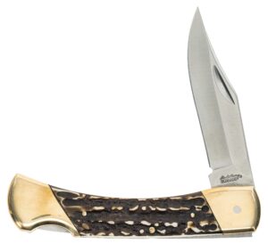 uncle henry next gen staglon lb8 bear paw 8.7in folding knife with 3.7in stainless steel clip-point blade, brass bolsters, and a staglon handle for hunting, camping, edc, and outdoors