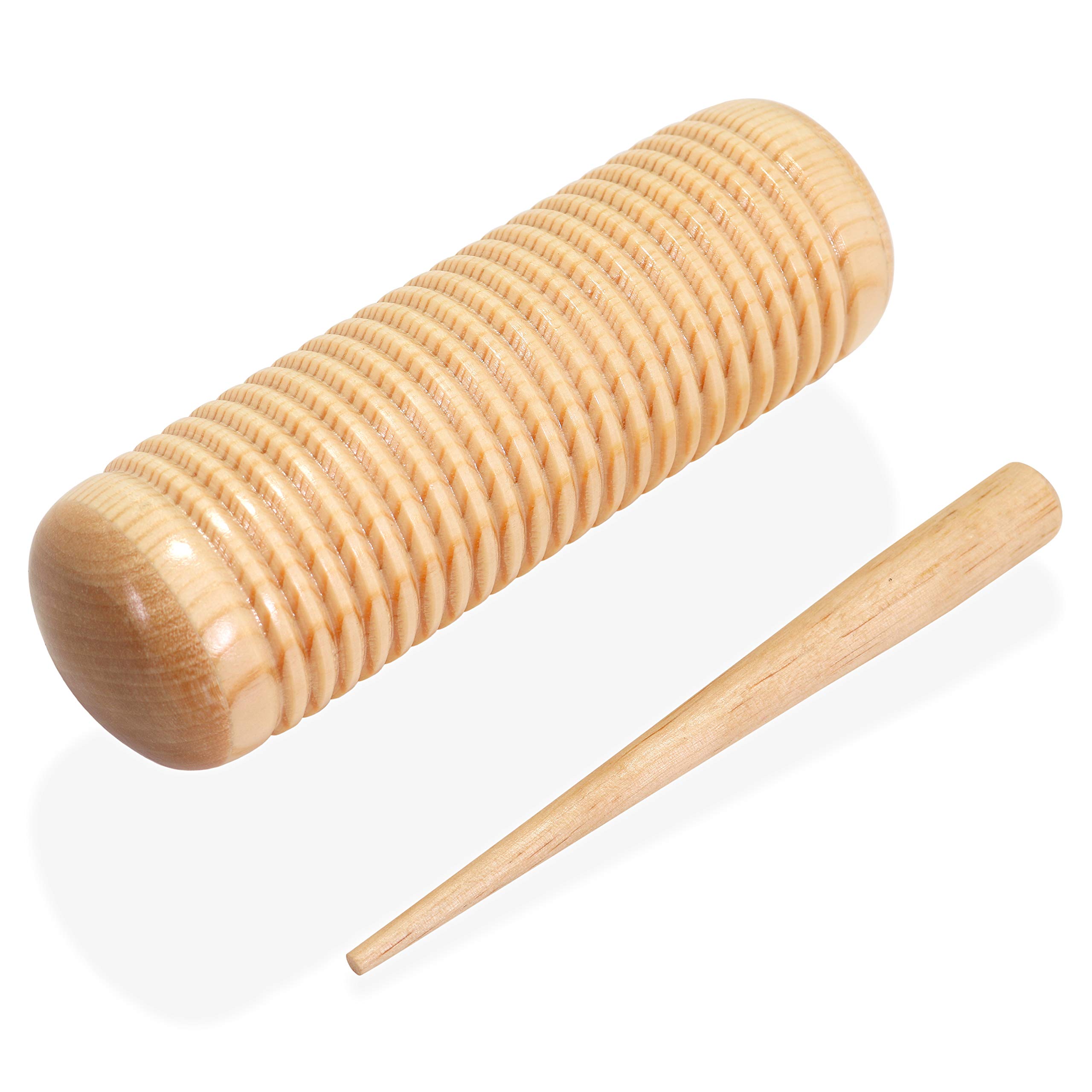 SPLENDIDMODE Guiro Wood Percussion Instrument - Pine Training Musical Tone Block Rasp with Wood Scraper - Complete with Set of 2 Durable Green Egg Shaker Maracas