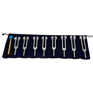 chakra tuning fork set for healing, 7 chakra and 1 soul purpose weighted tuning forks for dna healing, sound therapy, yoga, meditation (126.22 hz, 136.1 hz, 141.27 hz, 172.06 hz etc)