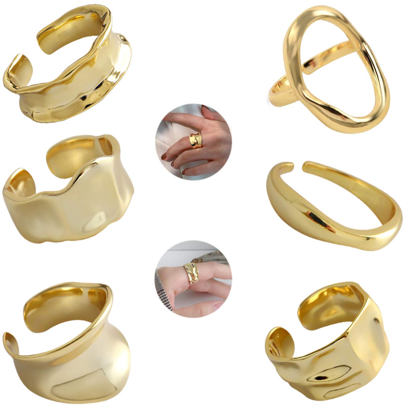 WAINIS 6 Pcs Chunky Gold Open Rings for Women Statement Boho Adjustable Rings Set G