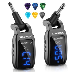 wireless guitar system,xiaokoa uhf wireless guitar transmitter receiver 164feet range with hd led screen for electric guitar bass musical instruments （black）