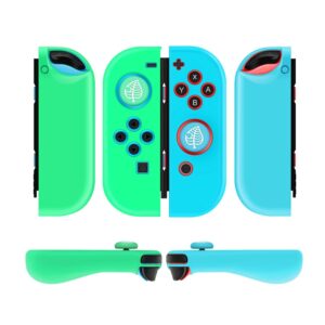 tnp joycon case for nintendo switch - silicone joy con case for nintendo switch & switch oled - protective switch controller case cover with thumb grip caps for nintendo switch joycon(blue green leaf)