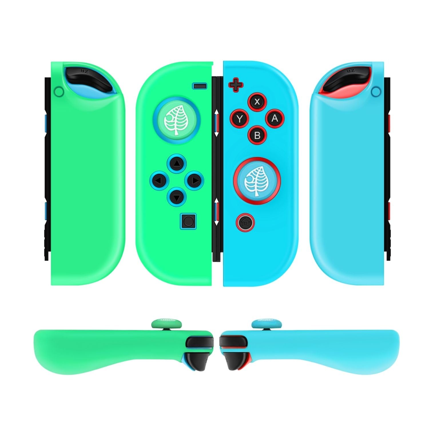 TNP Joycon Case for Nintendo Switch - Silicone Joy Con Case for Nintendo Switch & Switch Oled - Protective Switch Controller Case Cover with Thumb Grip Caps for Nintendo Switch Joycon(Blue Green Leaf)