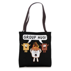 group hug s'mores camping bonefire chocolate marshmallow tote bag