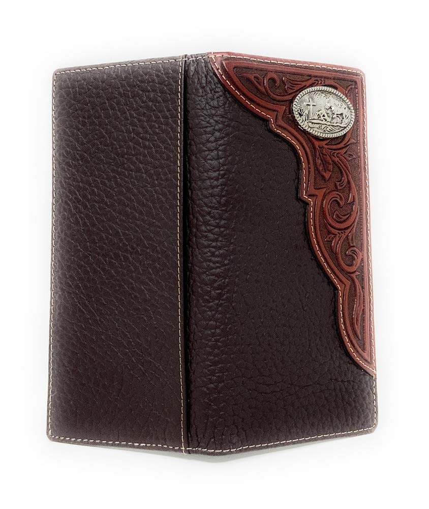 Western Premium Genuine Leather Tooled Men's Long Bifold Wallet premium cowboy wallets in 2 colors (Brown Praying cowboy)