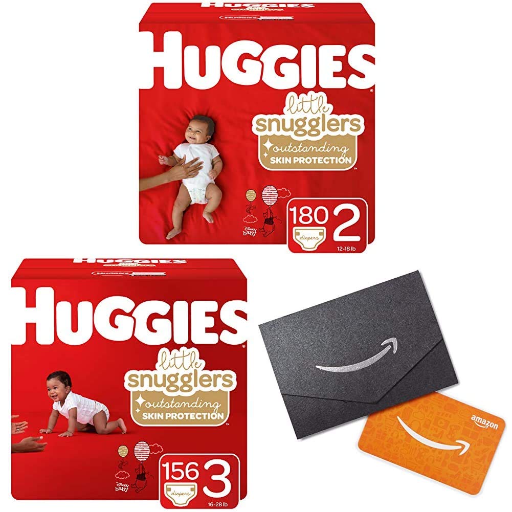 Huggies Little Snugglers Baby Diapers, Size 2, 180 Ct & Size 3, 156 Ct, One Month Supply with Gift Card