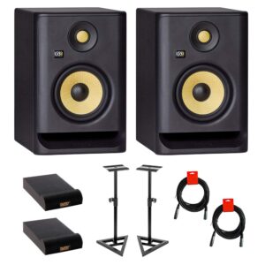 krk rokit 5 g4 5" 2-way studio monitor (pair) bundle with studio monitor stands (pair), 2x small pad & 2x xlr cable