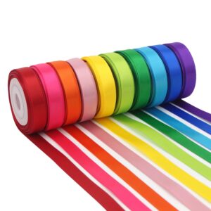 meedee rainbow ribbon solid color assortment 10 colors double face satin ribbon for gift wrapping happy birthday party decorations, 3/8" x 5 yard each total 50 yds per package