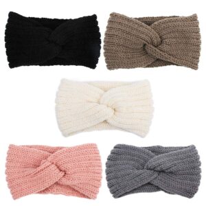 aoprie knit wide headband for winter 5 pieces women ear warmers truban headbands thick headbands for women girls, black gray white pink brown