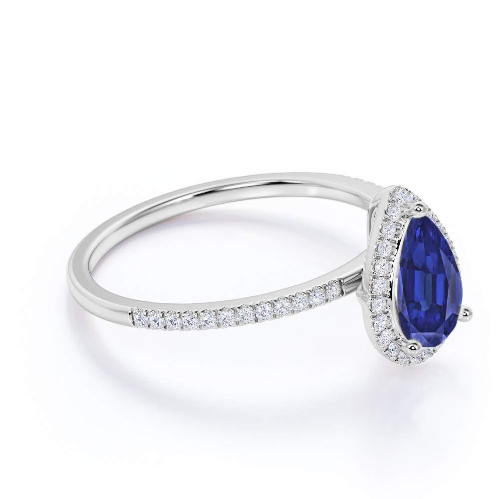 PB Collection Pear Shaped Blue Sapphire Engagement Ring 925 Sterling Silver 14K White Gold Plated 6.5