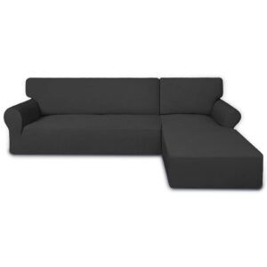 purefit super stretch sectional couch covers - 2 pcs spandex non slip, with elastic bottom for l shape sectional sofa couches, great for kids & pets (3 seat sofa + 3 seat chaise, dark gray)