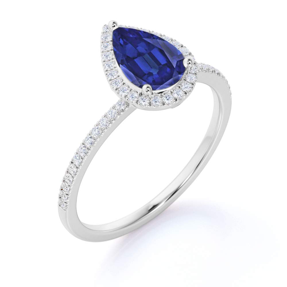 PB Collection Pear Shaped Blue Sapphire Engagement Ring 925 Sterling Silver 14K White Gold Plated 6.5