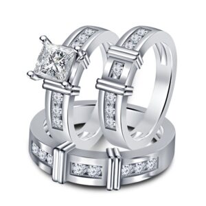 pb collection hers couples matching rings women's 3pc wedding ring bridal sets & men's 925 sterling silver cz diamond engagement & wedding trio bridal ring set women's size 11 & men's size 11