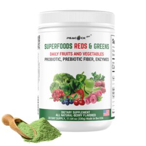 peacock max superfoods reds and green organic daily supplement powder for immunity, bloating and gut health, plant-based, vegan, non-gmo formula with antioxidants, prebiotics and probiotics 11.64 oz