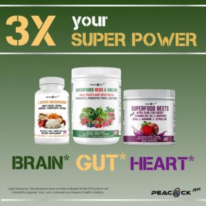 Peacock Max Superfoods Reds and Green Organic Daily Supplement Powder for Immunity, Bloating and Gut Health, Plant-Based, Vegan, Non-GMO Formula with Antioxidants, Prebiotics and Probiotics 11.64 oz