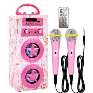 kidsonor kids bluetooth karaoke machine with 2 microphones, wireless remote control portable karaoke music mp3 player loudspeaker with microphones for kids adults home party (pink)