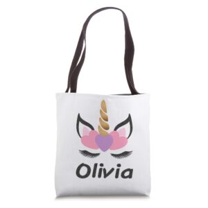 personalized unicorn first name olivia birthday girl gift tote bag