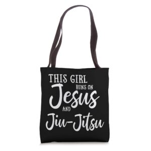 this girl runs on jesus and jiu jitsu shirt christian gift tote bag