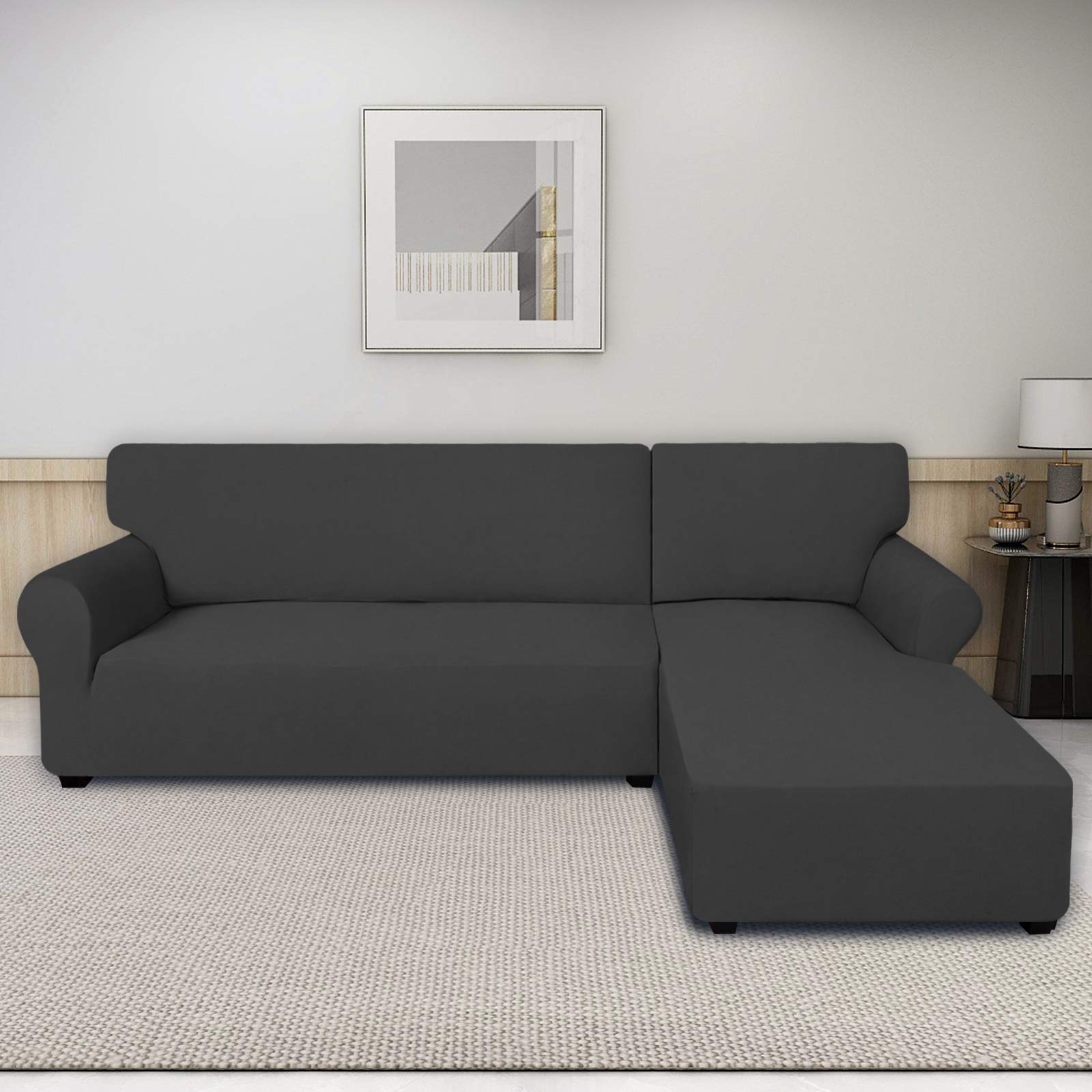 PureFit Super Stretch Sectional Couch Covers - 2 pcs Spandex Non Slip, with Elastic Bottom for L Shape Sectional Sofa Couches, Great for Kids & Pets (3 Seat Sofa + 3 Seat Chaise, Dark Gray)