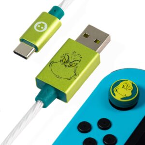 Numskull Official Grinch LED USB Type-C Cable and Thumb Stick Grips - 1.5M Fast Charging Lead, Nintendo Switch Controller Mod (Nintendo Switch)