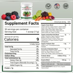 Peacock Max Superfoods Reds and Green Organic Daily Supplement Powder for Immunity, Bloating and Gut Health, Plant-Based, Vegan, Non-GMO Formula with Antioxidants, Prebiotics and Probiotics 11.64 oz