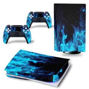 ps5 stickers full body vinyl skin decal cover for playstation 5 digital edition console controllers (cd version, blue fire)