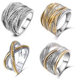 casdan 4pcs intertwined crossover statement ring for women fashion wrap chunky rings twine twisted cable wide statement band ring for men, size 9