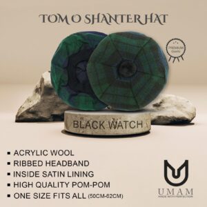 UMAM Scottish Traditional Tam o' Shatner Acrylic Wool Tammy Hat Flat Bonnet Kilt Many Tartans (Black Watch 008tcp)