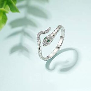 Presentski Adjustable Snake Ring for Women Sterling Silver Vintage Retro Snake Open Ring with Cubic Zirconia Silver Serpent Ring