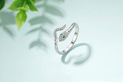 Presentski Adjustable Snake Ring for Women Sterling Silver Vintage Retro Snake Open Ring with Cubic Zirconia Silver Serpent Ring