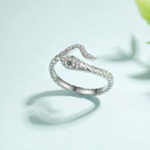 Presentski Adjustable Snake Ring for Women Sterling Silver Vintage Retro Snake Open Ring with Cubic Zirconia Silver Serpent Ring