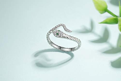 Presentski Adjustable Snake Ring for Women Sterling Silver Vintage Retro Snake Open Ring with Cubic Zirconia Silver Serpent Ring