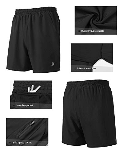 Roadbox Men's 5 Inch Running Athletic Quick Dry Shorts with Pockets for Workout Gym Exercise Black