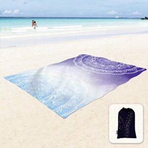 sunlit silky soft 106"x81" boho sand proof beach blanket sand proof mat with corner pockets and mesh bag for beach party, travel, camping and outdoor music festival, blue purple mandala