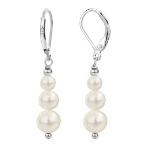 sterling silver freshwater cultured pearl drop earrings size 4-8mm dangle leverback earring for women (rhodium plated)