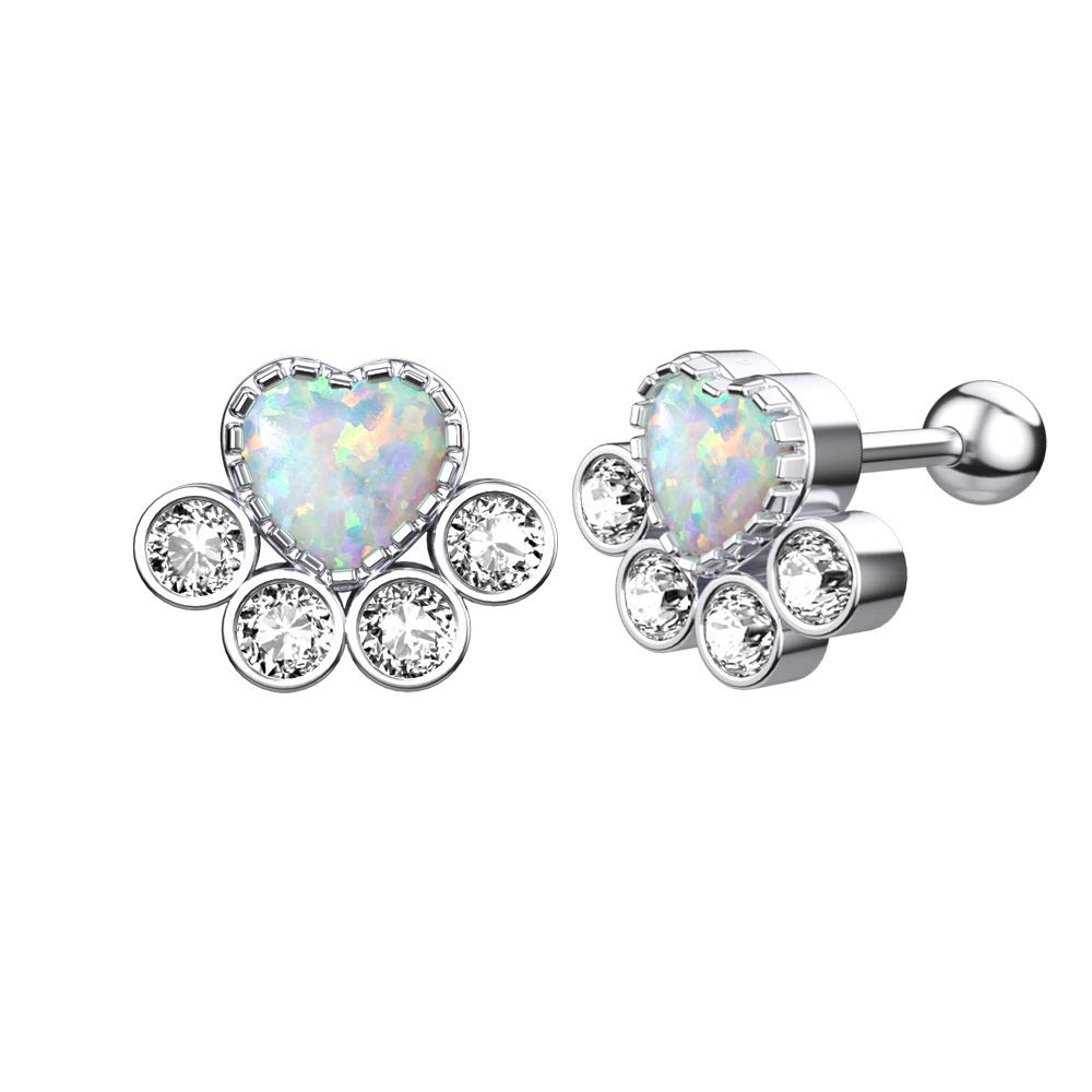 Cute Puppy Dog Cat Paw Print Ear Cartilage Stud Earrings 16G Stainless Steel Opal Crystal CZ Endless Love Screw On Backs Ear Helix Tragus Auricle Huggie Stud Piercing Jewelry for Women