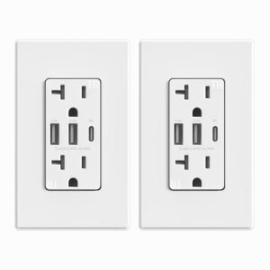 elegrp usb outlets receptacles, 3-port usb c wall outlet, 30w 6.0a usb electrical outlet, 20 amp tamper-resistant outlet with usb c ports, ul listed, screwless wall plate included, 2 pack, matte white