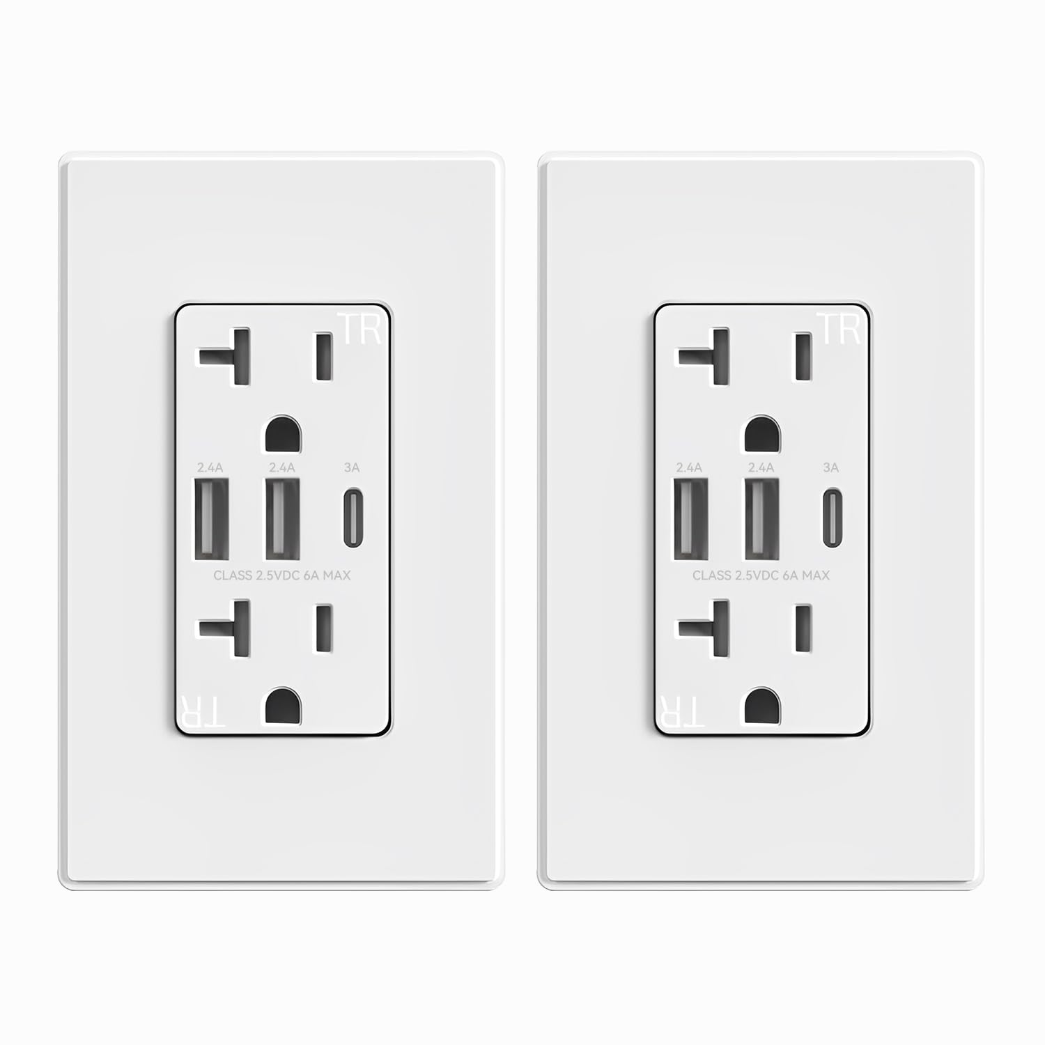 ELEGRP USB Outlets Receptacles, 3-Port USB C Wall Outlet, 30W 6.0A USB Electrical Outlet, 20 Amp Tamper-Resistant Outlet with USB C Ports, UL Listed, Screwless Wall Plate Included, 2 Pack, Matte White