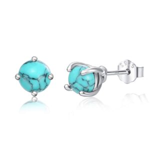 turquoise studs earrings, 925 sterling silver round shape tiny studs, turquoise jewelry mother day gift for women daughter girlfriend with gift box-4mm 6mm