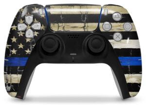 wraptorskinz skin wrap compatible with sony ps5 dualsense controller painted faded cracked blue line stripe usa american flag (controller not included)