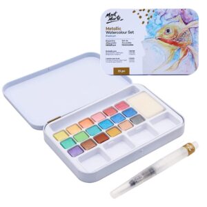 mont marte premium metallic watercolor cake set, 21 piece, 18 colors, 1 water brush, 1 sponge, 4 mixing wells