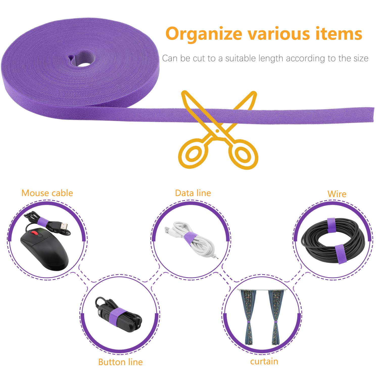 Saisn Reusable Fastening Tape Cable Ties 3/4 Inch Double Side Hook Roll (25 Yard, Purple)