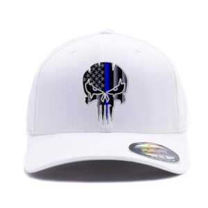 Thin RED LINE - Thin Blue LINE Spartan Helmet Cap. Embroidered. 6477, 6277 Wooly Combed Twill Flexfit (L/XL, White 2)