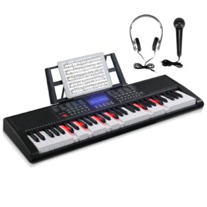 glarry 61-key portable electronic piano keyboard for beginner w/lighted keys, lcd screen, microphone, headphones, 3 teaching modes, built-in speakers