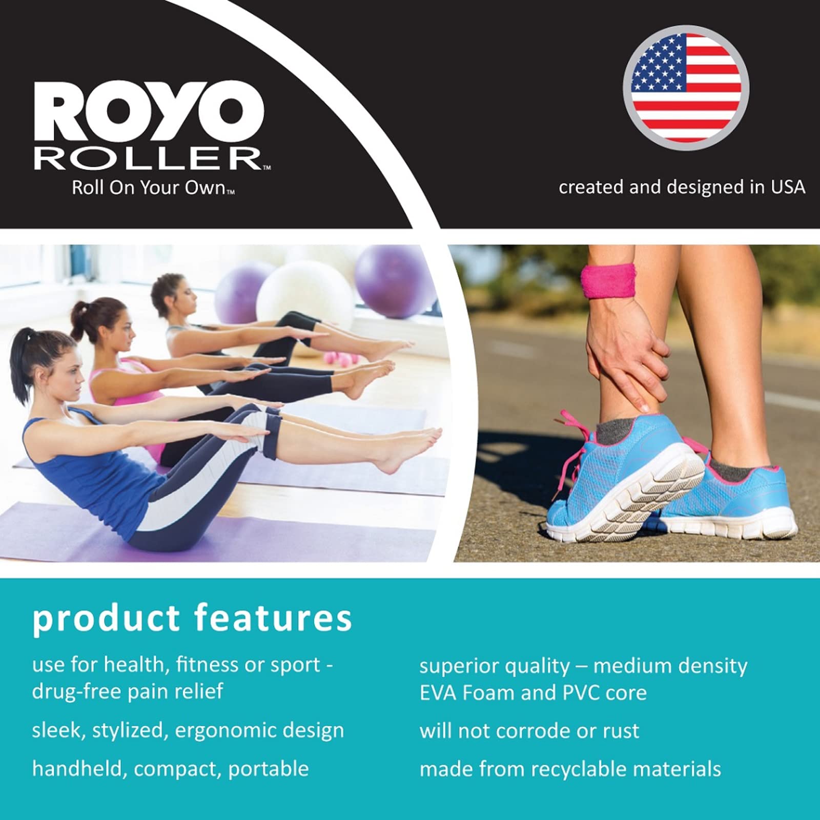 ROYO Foam Roller - 15 in. Adjustable Length, Medium Density Deep Tissue Massager for Muscle and Triggerpoint Release, Use for Daily Fitness and Exercise, Stretching and Sport Training