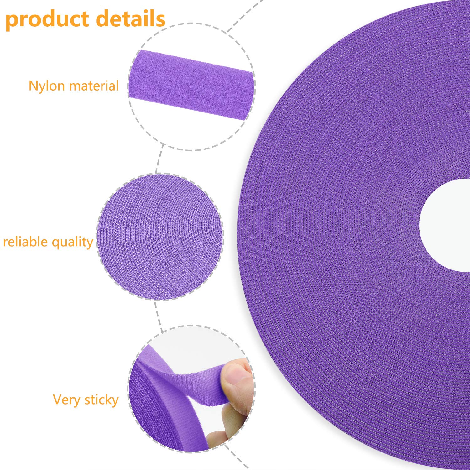 Saisn Reusable Fastening Tape Cable Ties 3/4 Inch Double Side Hook Roll (25 Yard, Purple)