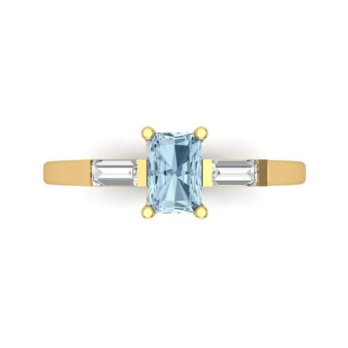 1.05 ct Emerald cut 3 stone Solitaire Genuine Natural Aquamarine Engagement Promise Anniversary Bridal Ring 18K Yellow Gold 6