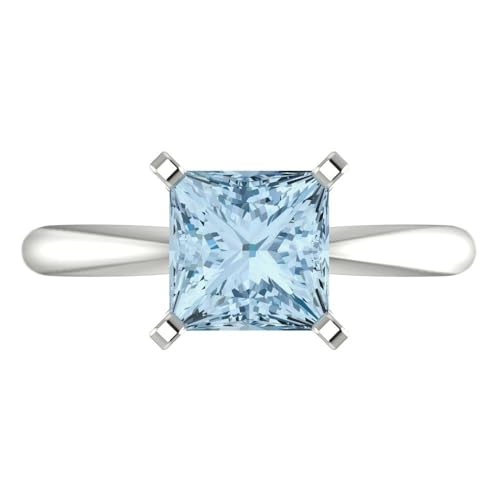 Clara Pucci 2.0 ct Princess Cut Solitaire Natural Aquamarine Engagement Wedding Bridal Promise Anniversary Ring 18K White Gold Size 3.75