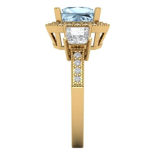 Clara Pucci 2.93 ct Cushion Cut Halo Solitaire 3 stone Natural Aquamarine Engagement Promise Anniversary Bridal Ring 18K Yellow Gold 7.25